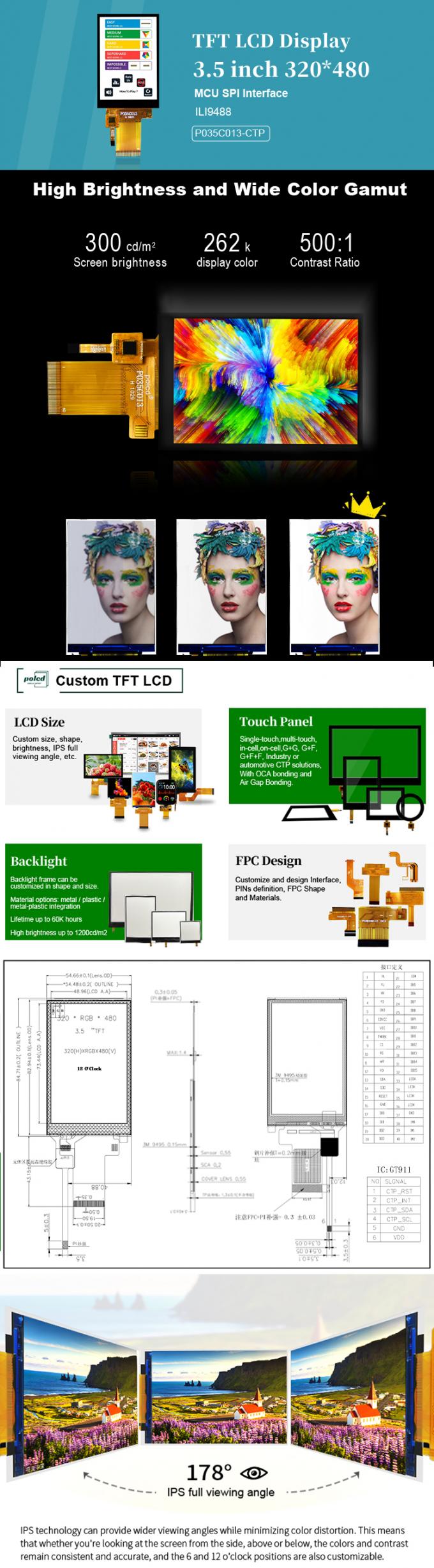 3.5inch Ips Touch Screen 320x480 Lcm Modules Ili9488 Mcu Spi Interface